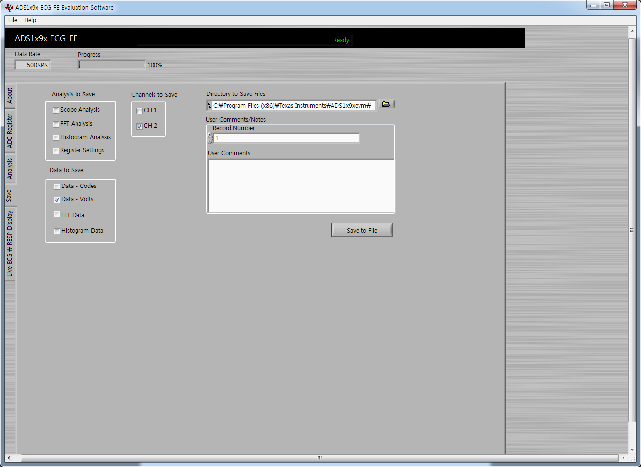 ADS1292RECG-FE: How to save measured data to a file (ADS1x9xECG-FE Demonstration Kit) - Data ...