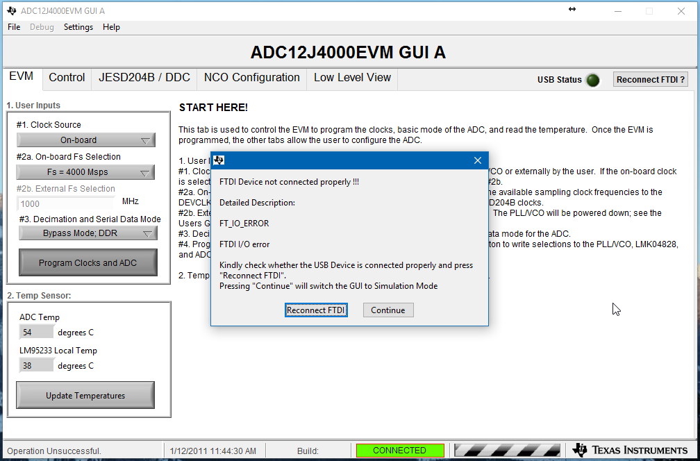 Starterware/ADC12J4000EVM: Can not update the EVM by clicking on the program clocks and ADC ...