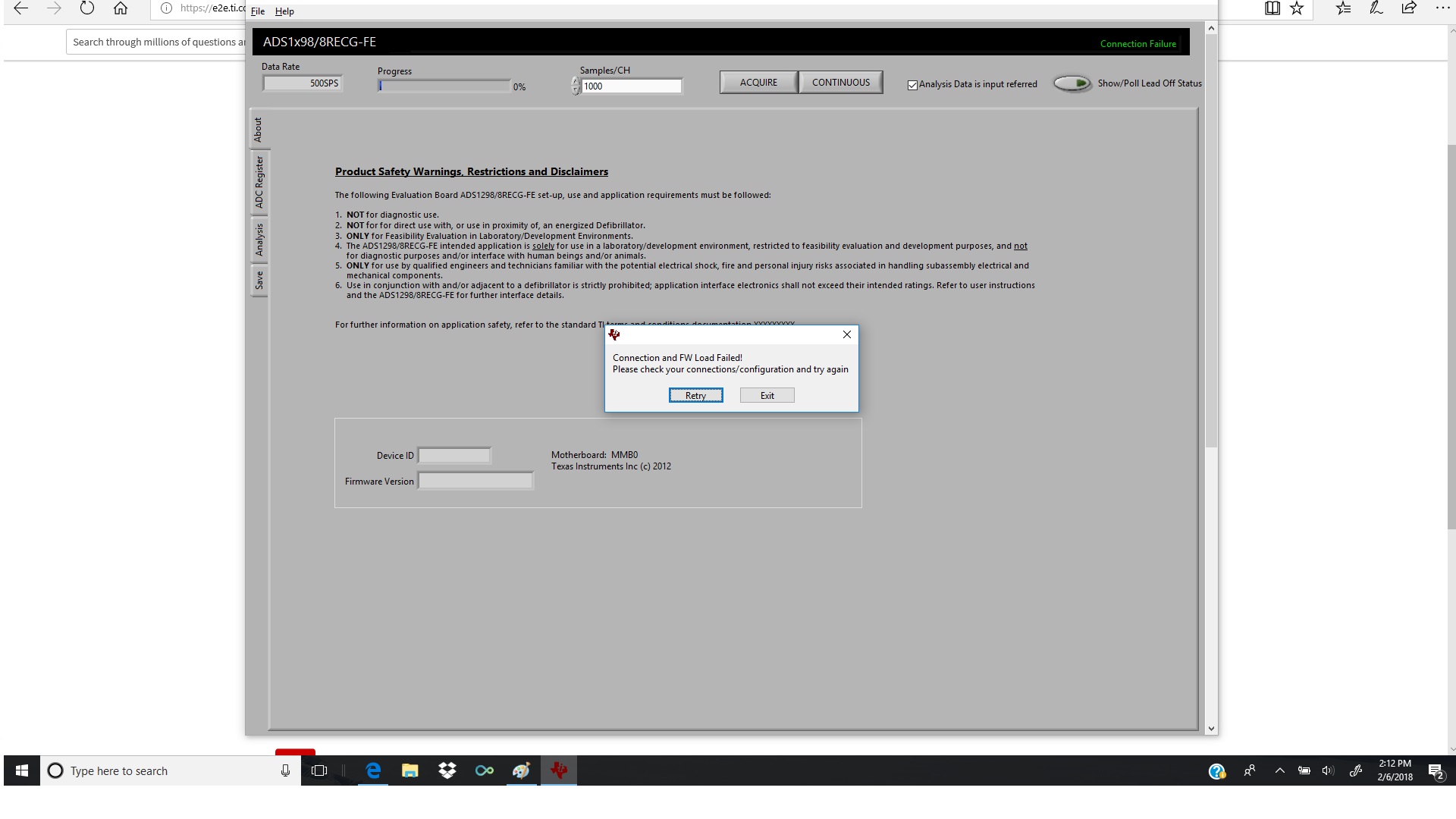 ADS1198ECGFE-PDK: Evaluation Software: Download of Firmware Continues to Fail - Data converters ...