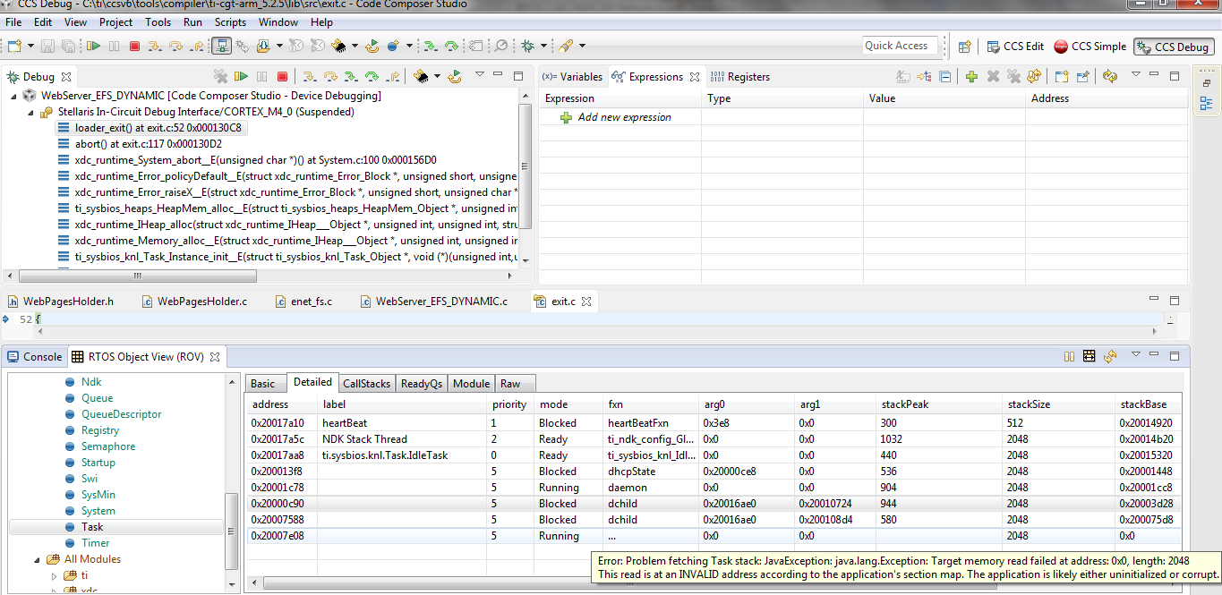 RTOS on TivaC EK-TM4C1294XL - ti.sysbios.heaps.HeapMem: line 307: out of memory: handle ...
