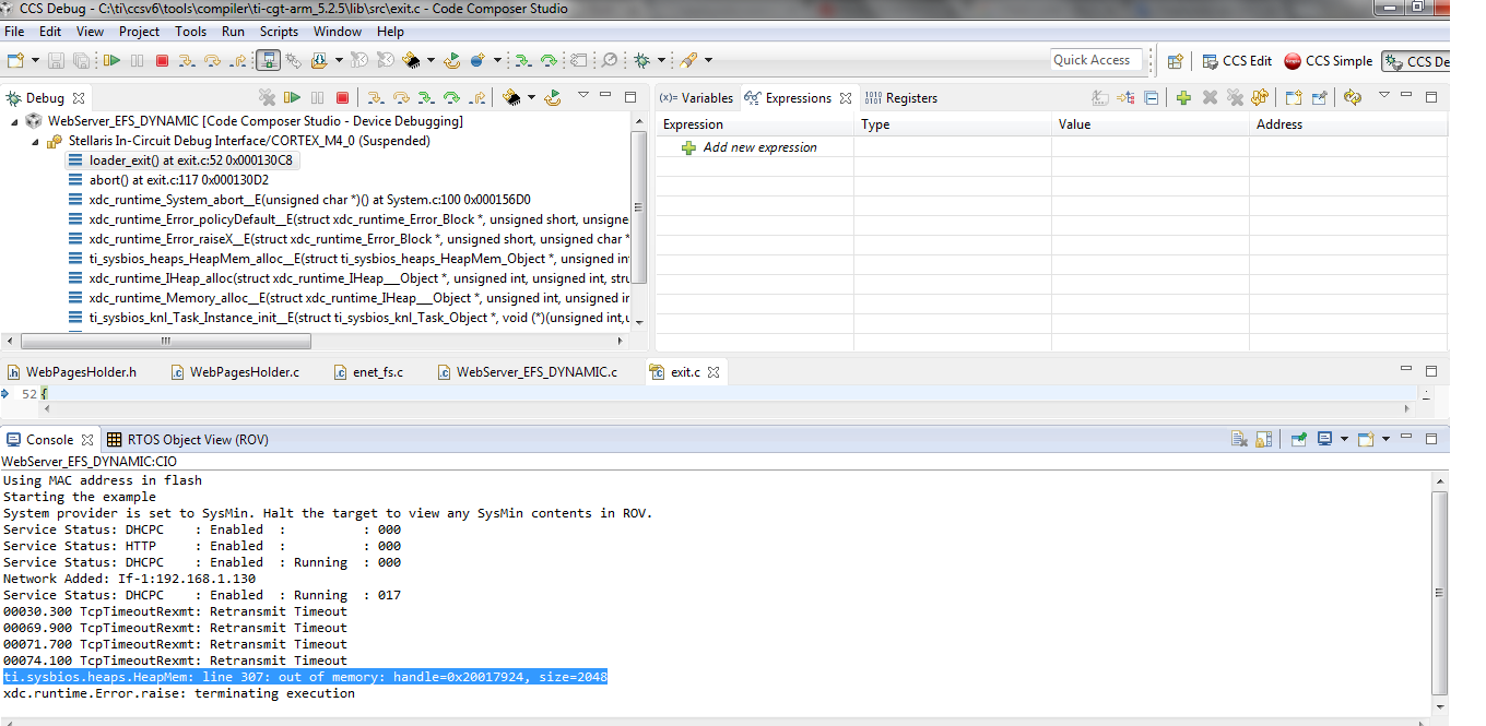 RTOS on TivaC EK-TM4C1294XL - ti.sysbios.heaps.HeapMem: line 307: out of memory: handle ...