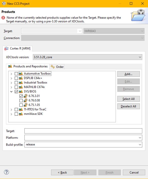 CCS/IWR6843: None of the currently selected products supplies value for the Target. Please ...