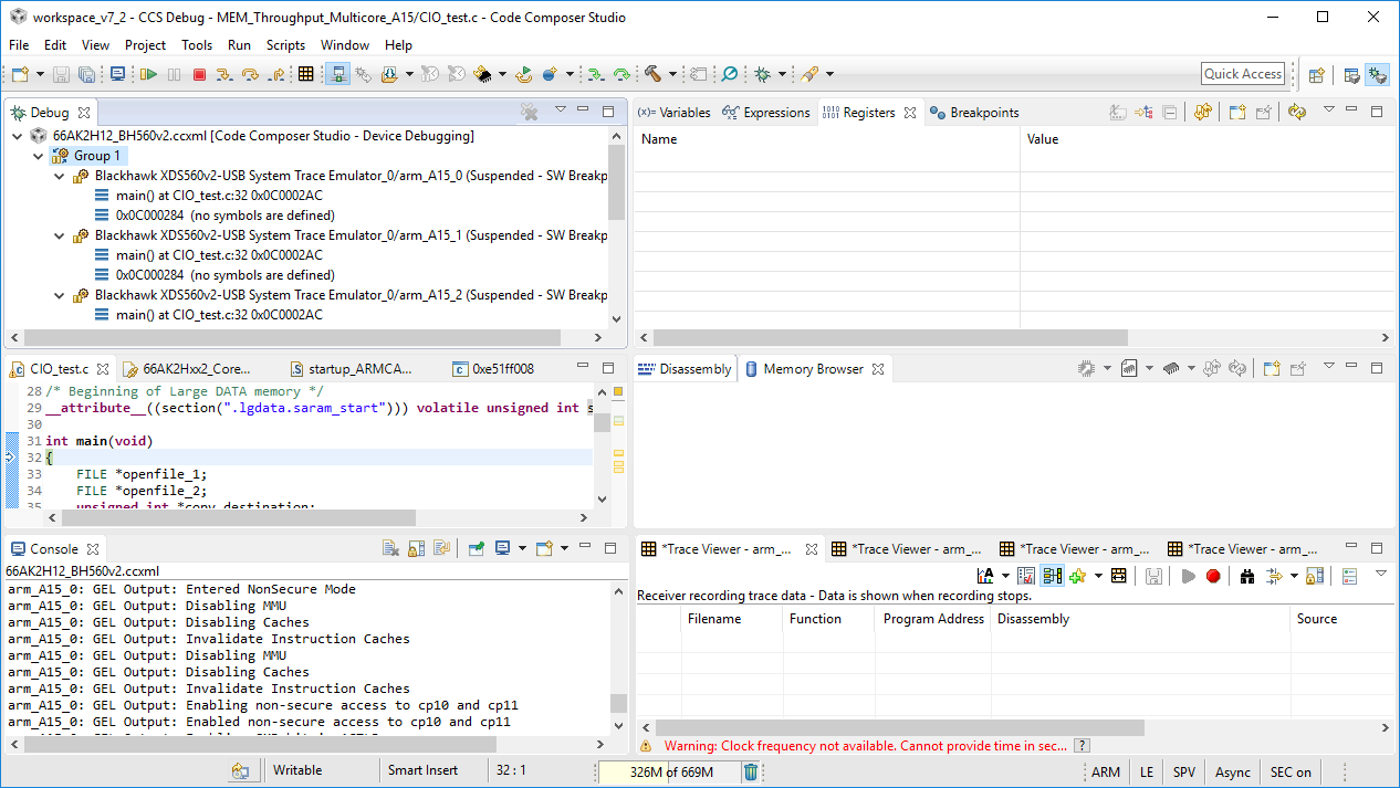 CCS/66AK2H12: ARM seems to be working abnormally when trace is started for any core. - Code ...