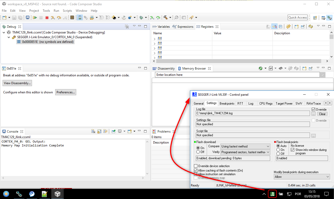 CCS/CCSTUDIO-TM4X: Another "CORTEX_M4_0: Error: Stat [ JLINKARM_IsHalted() call ] failed ...