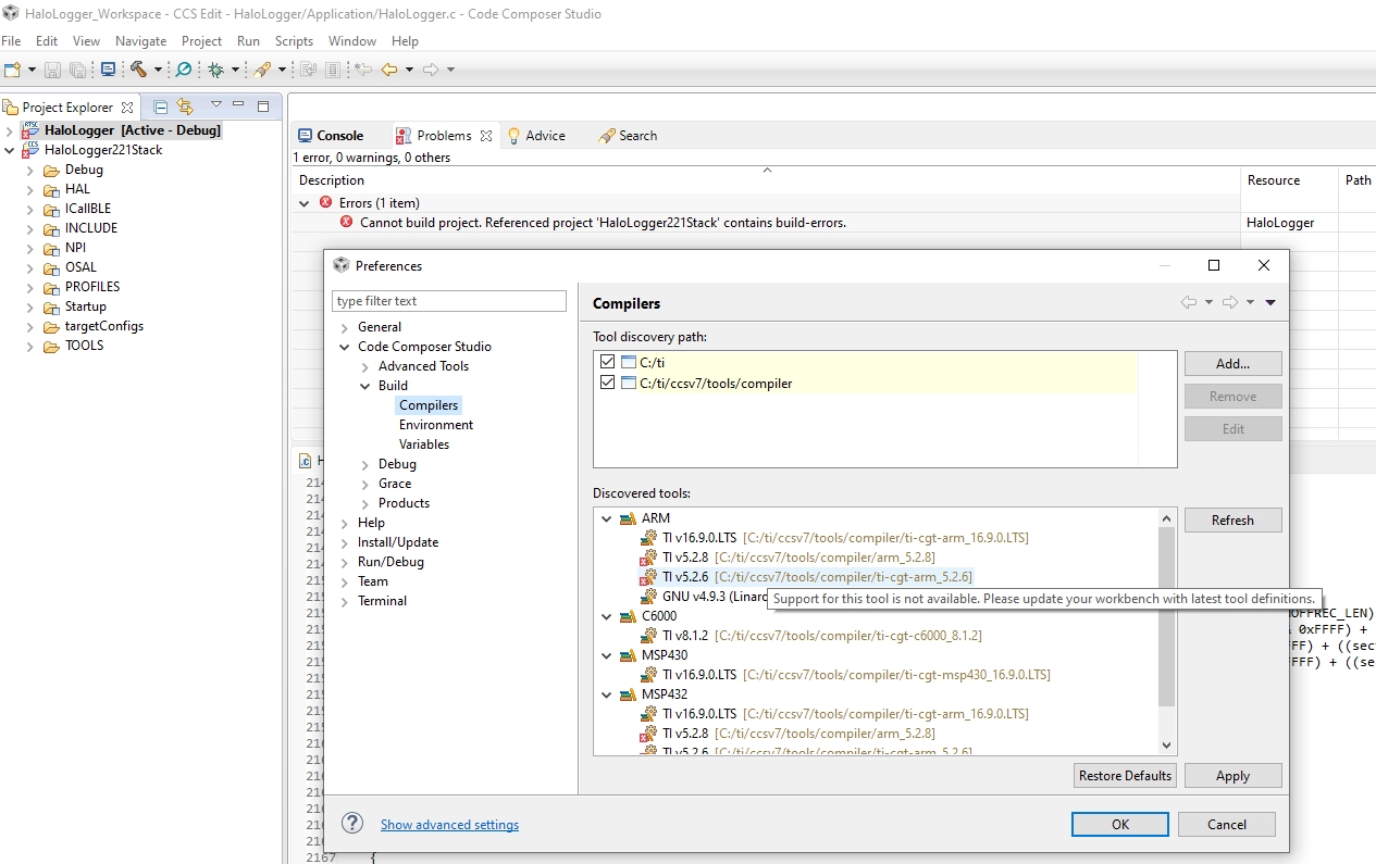 CCS/CC2650: Compiling on Win10 computer, a workspace from backups that was developed on XP ...