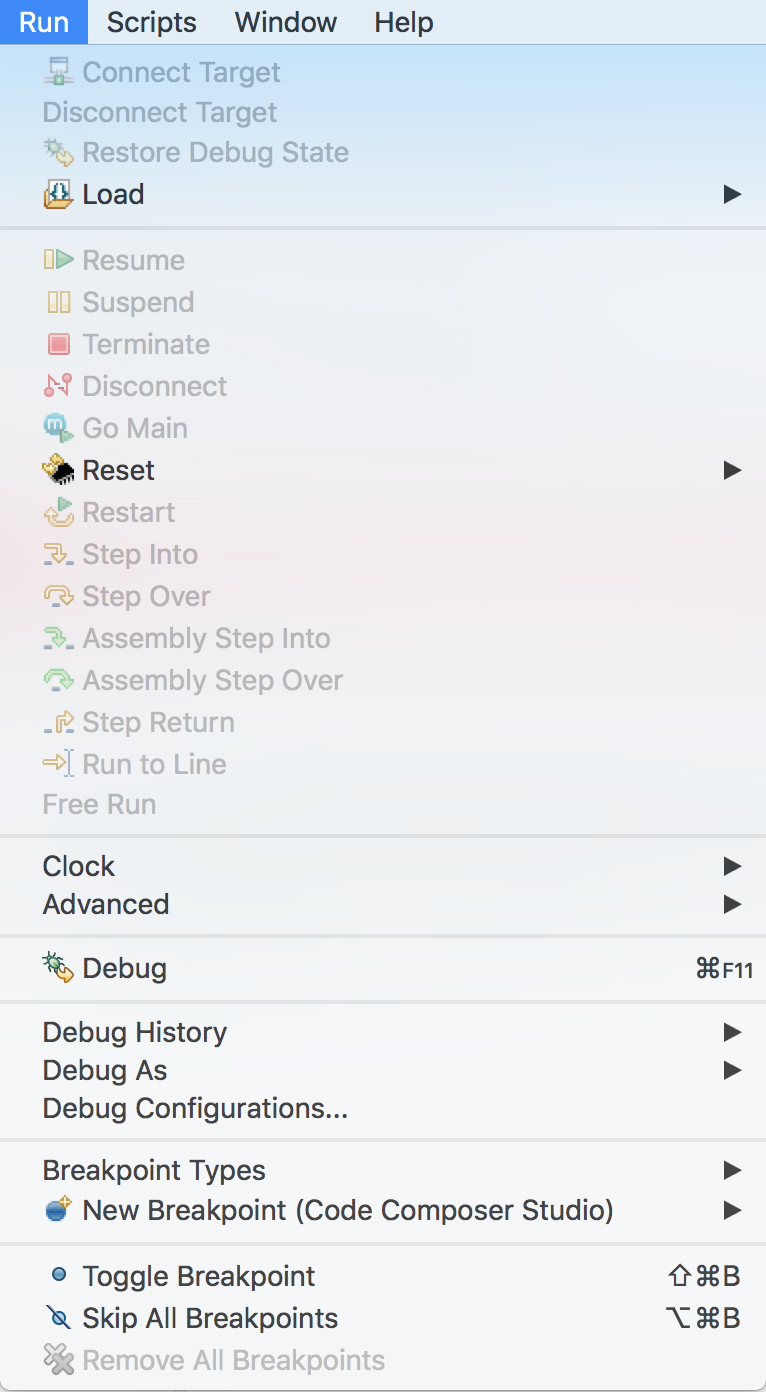 CCS/MSP430G2553: Options in 'Run' menu are grayed out. - Code Composer Studio forum - Code ...