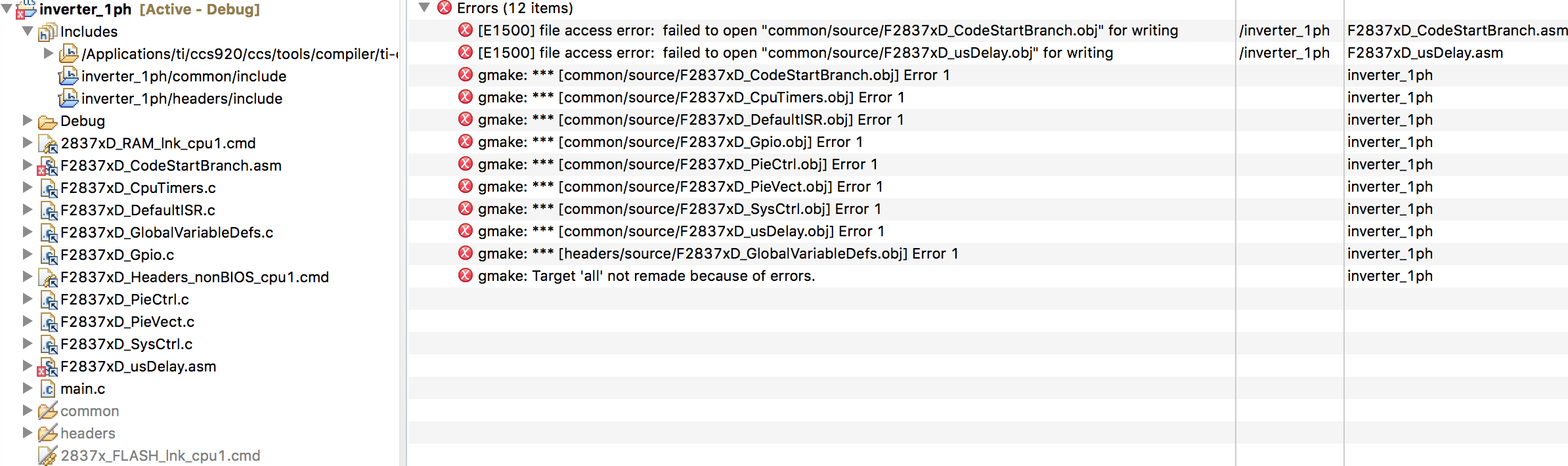 CCS/LAUNCHXL-F28379D: Errors: [E1500] file access error: failed to open "common/source/F2837xD ...