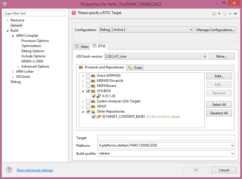 TIVA C - TM4C129XNCZAD - Code Composer Studio - Project Configuration - Code Composer Studio ...