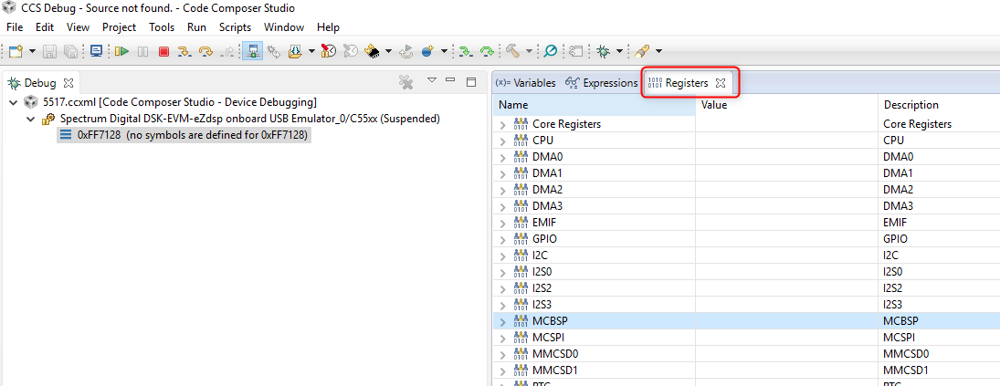 CCS: What is the CC6.2 equivalen of cc 3.3 for this??? Tools → c55x Peripheral registers → McBSP ...