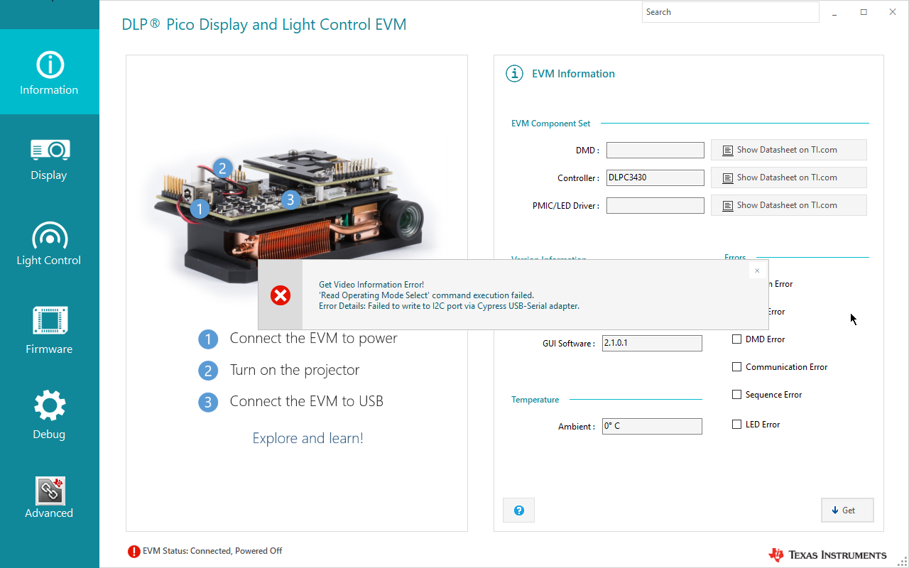 Dlp3010evm Lc No I2c Connection Over Usb After Program Crash While Writing Internal Patterns