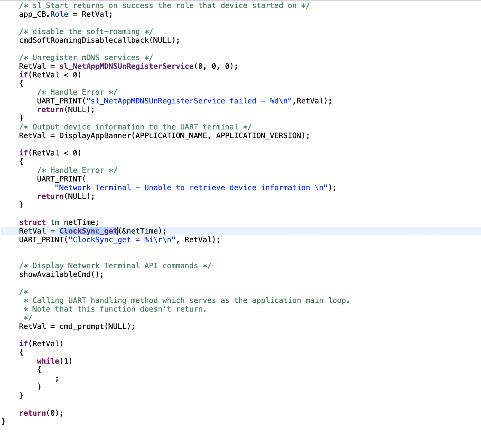 LAUNCHCC3235MOD: Adding the function ClockSync_get to the network_terminal_CC3235SF_LAUNCHXL ...