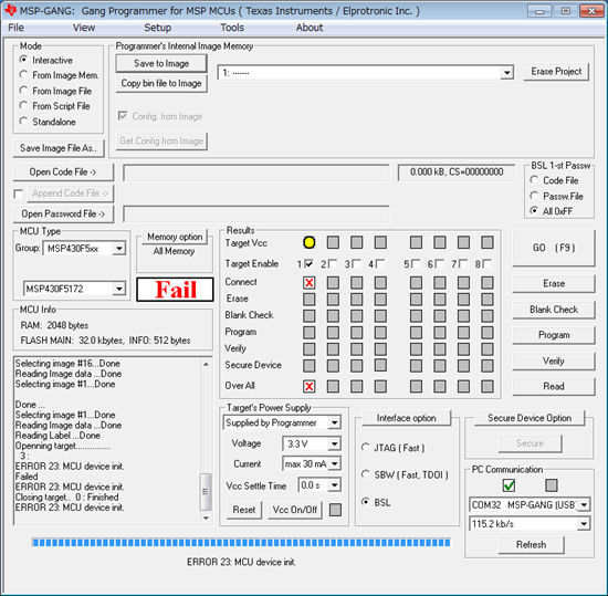 Msp Gang Error23 Mcu Device Init Using Bsl Interface Msp Low Power
