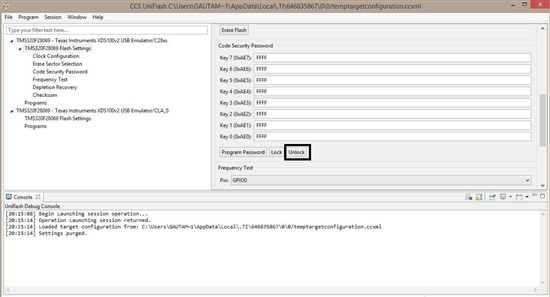 TMS320F28069 C28xx: Flash Programmer: Device is locked or not connected. Operation cancelled ...