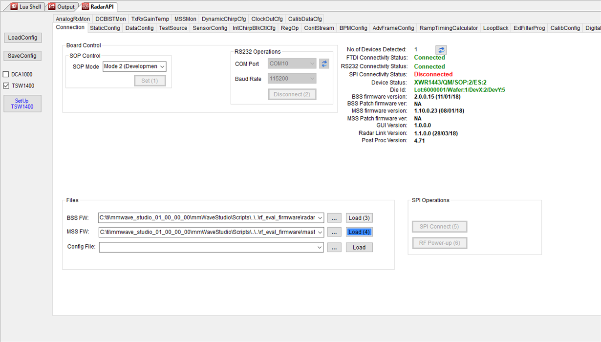 IWR1443BOOST: TWS1400/MMWave-Devpack/MMWave Studio SPI fails to connect. - Sensors forum ...