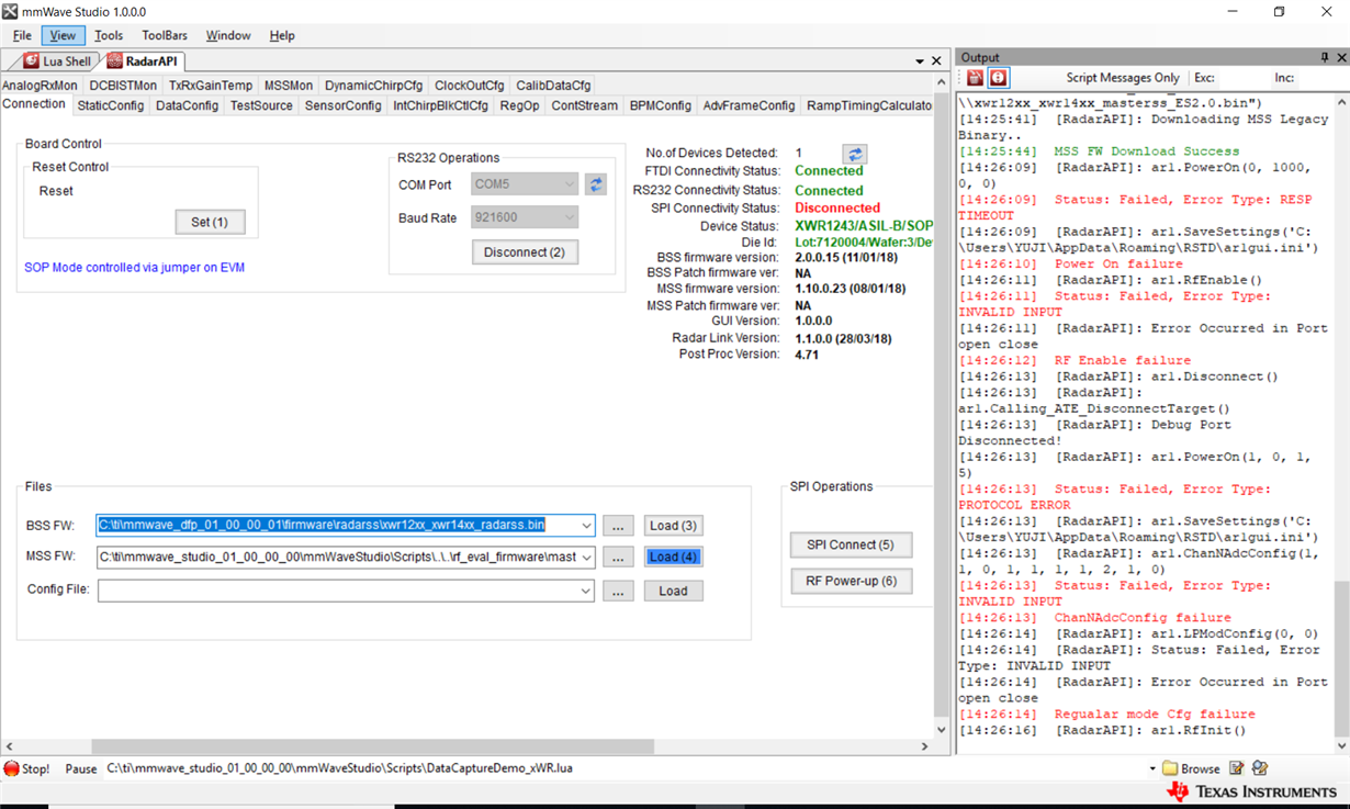 AWR1243: mmWave Studio. Problems with connection (SPI and Ethernet) - Sensors forum - Sensors ...