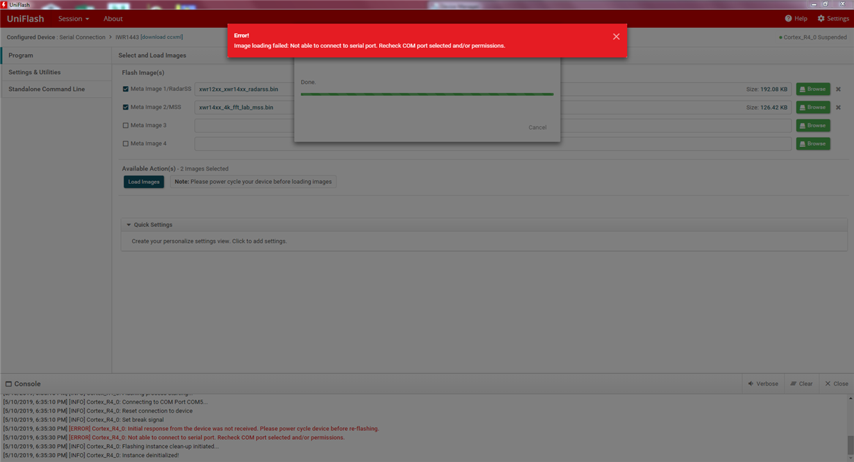 IWR1443BOOST: UNIFLASH:COMPORTERROR, FAILED TO LOAD IMAGE - Sensors forum - Sensors - TI E2E ...