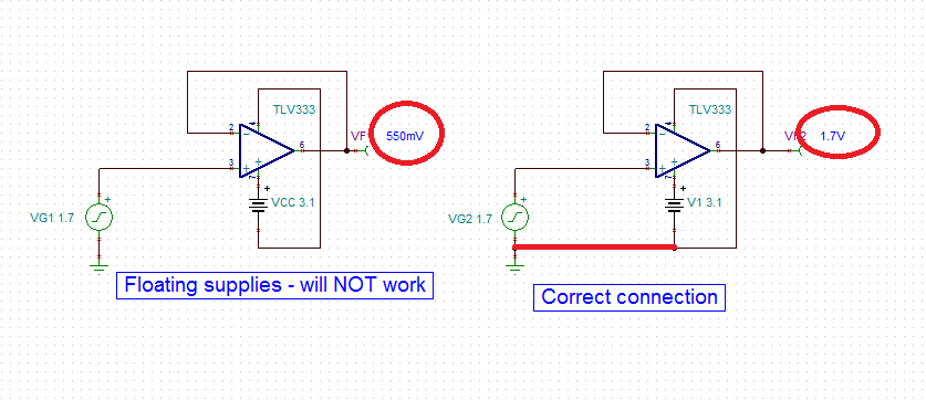 TINA/Spice/TLV333: Issue when this opamp realized as unity gain configuration on a pcb ...