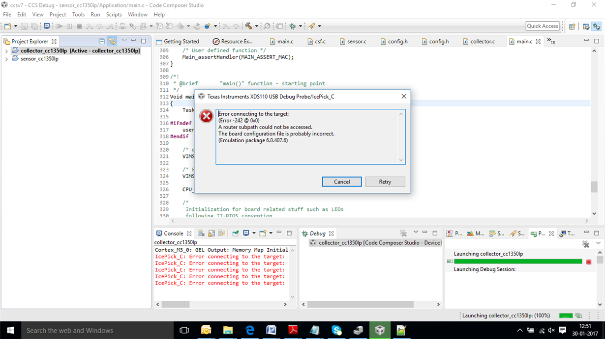 Launchxl Cc1350 Error Connecting To Target 242 0x0 Sub 1 Ghz Forum Sub 1 Ghz Ti E2e