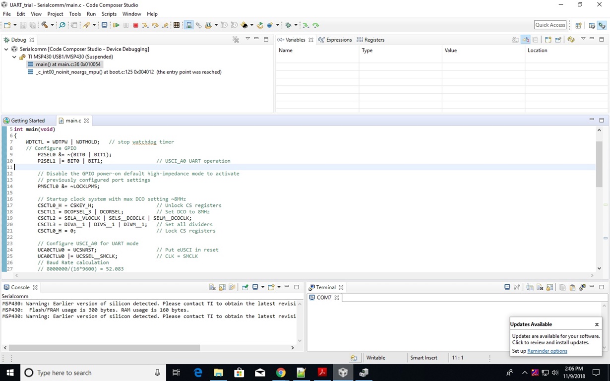 CCS/MSP430FR6047: Not receiving output while testing UART example code ...