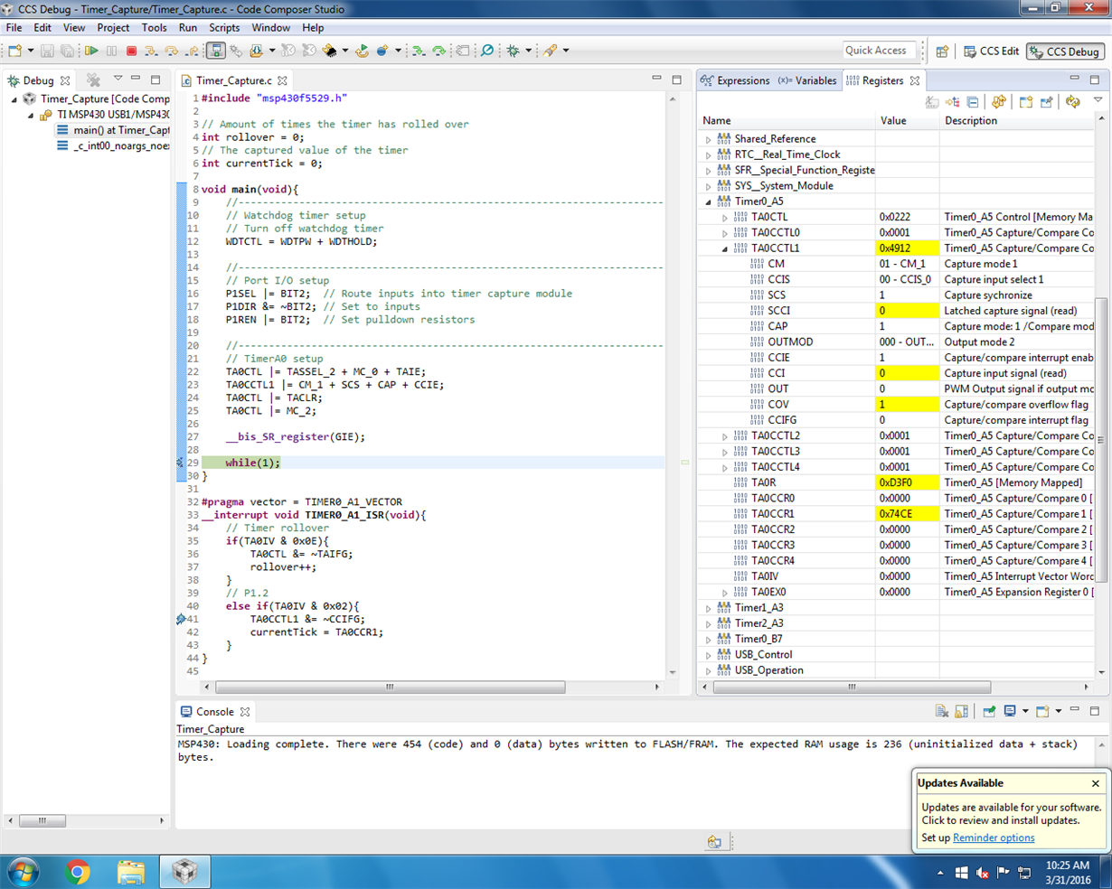 MSP430F5529 Timer Capture Hardware Input Not Entering ISR MSP Low 