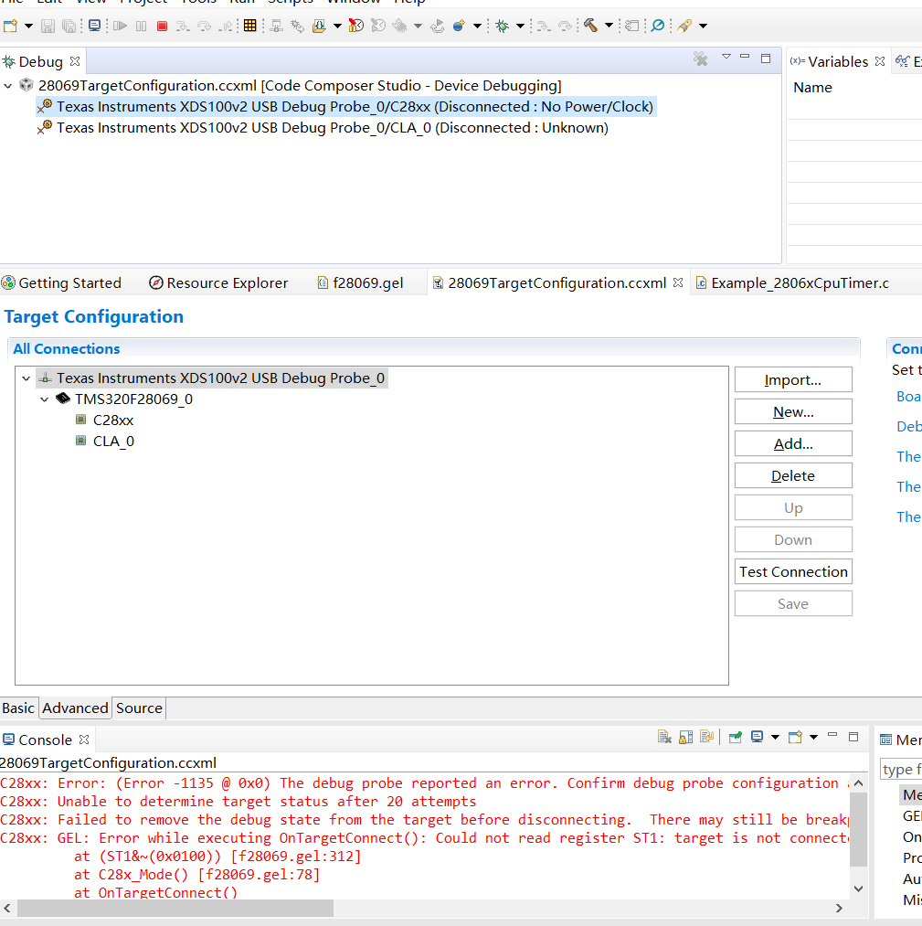 CCS/TMS320F28069: The debug probe reported an error. Confirm debug probe configuration and ...