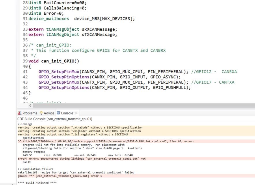 TMS320F28379D: Program will not fit into available memory due to global ...