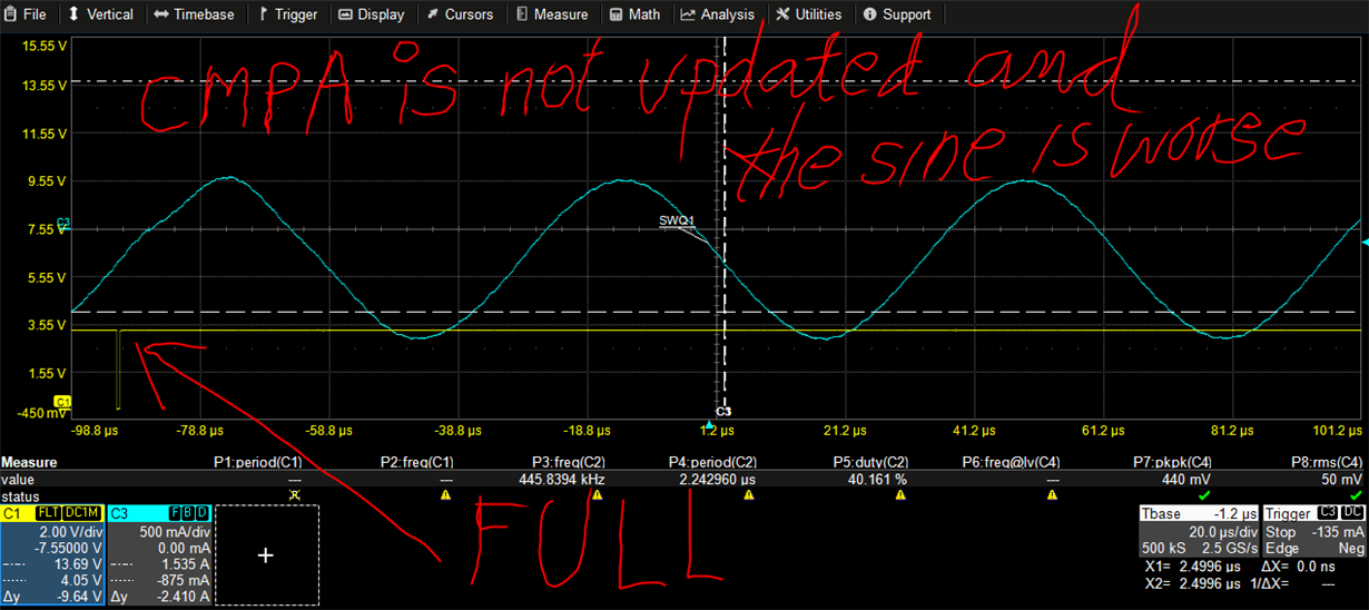 Tms320f28075 Pwm Period Jitter When Updating Cmpa Register At 450 Khz C2000 Microcontrollers