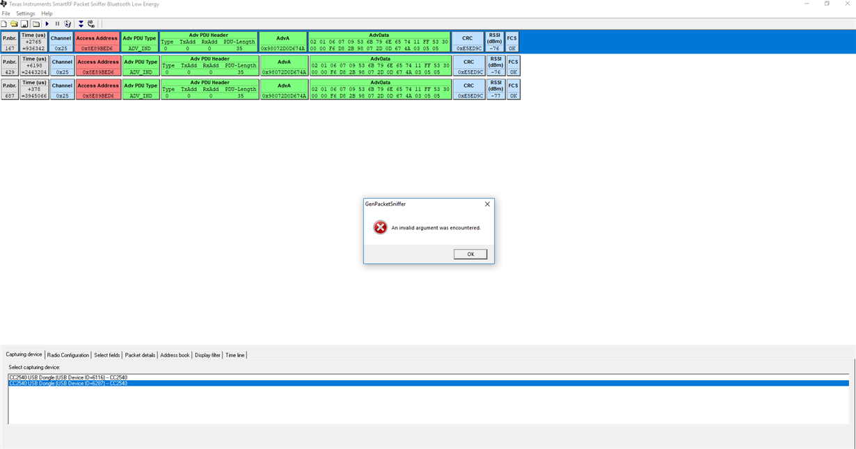 Cc2540emk Usb Smartrf Packet Sniffer Ble Stops Scanning For Ble Packets Bluetooth Forum