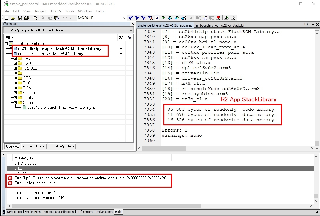RTOS/CC2640R2F: Error [LP015] section placement failure overcommitted ...