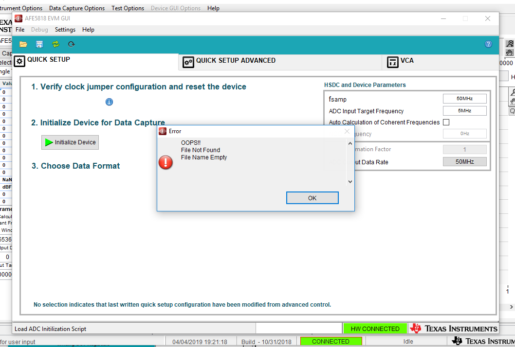 参考译文 Afe5818evm：hmc Daq Gui 验证时钟跳线配置并初始化器件错误 数据转换器（参考译文帖）read Only 数据转换器（参考译文帖） E2e™ 设计支持