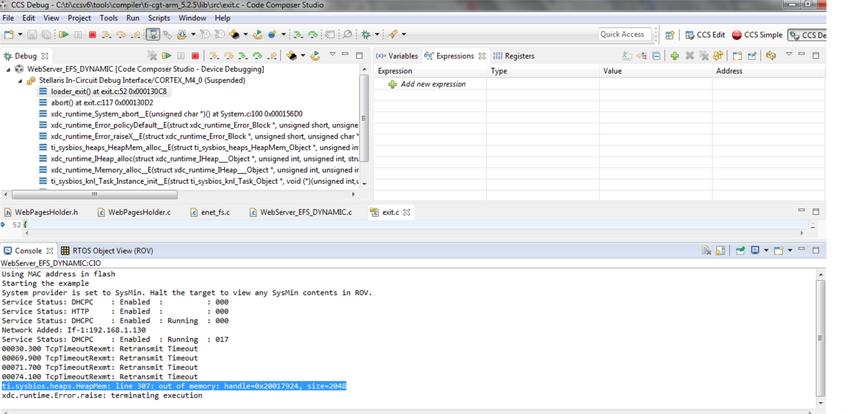 RTOS on TivaC EK-TM4C1294XL - ti.sysbios.heaps.HeapMem: line 307: out of memory: handle ...