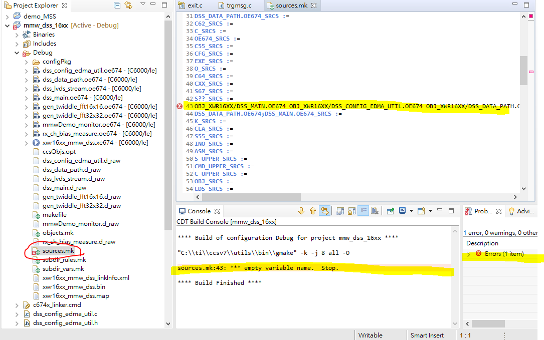 CCS/AWR1642BOOST: Makefile for CCS project , sources.mk error : empty variable name - Code ...