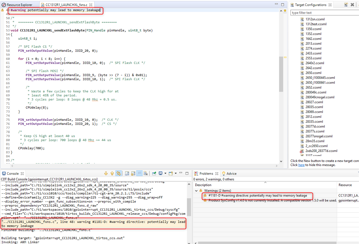 CCS/CC2642R: #warning directive comments don't show up in problems after debug - Code Composer ...