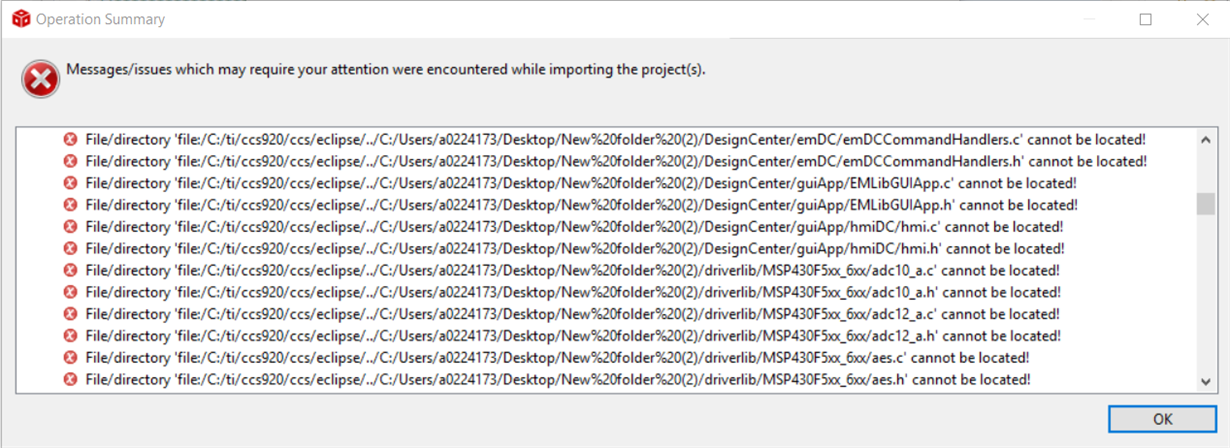 CCS/MSP430F6779: import project error: FIle/directory cannot be located ...