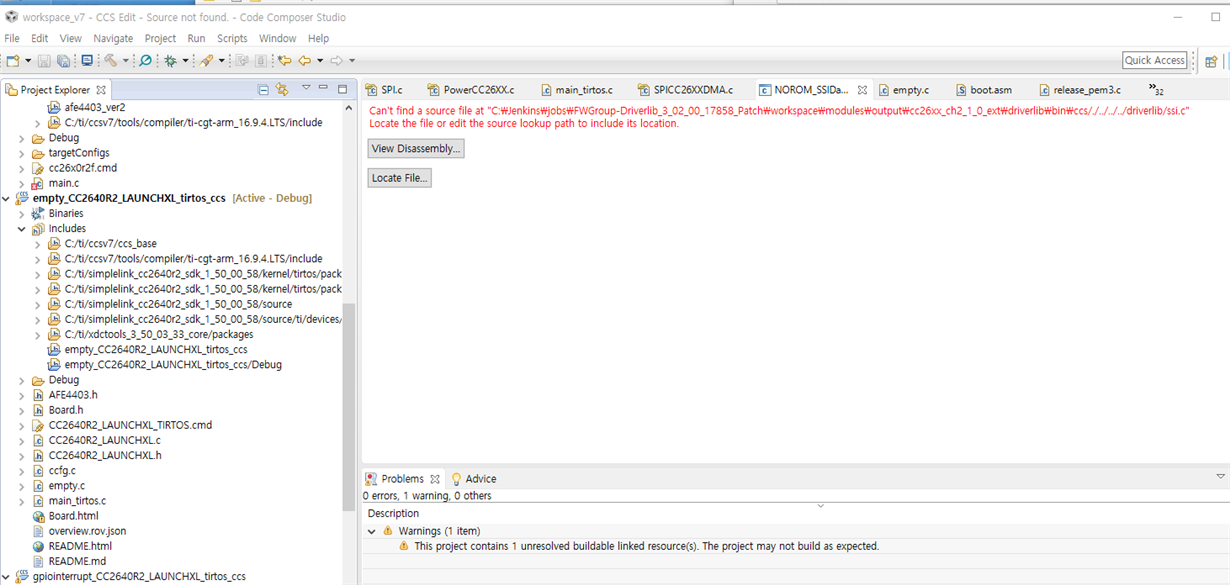 CCS/cc2640R2f: Can't find a source file at "C:\Jenkinson.. CC2640R2F spi problem - Code Composer ...