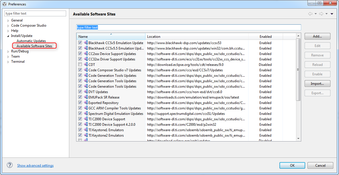 CCS/CODECOMPOSER: No updates found, What Available Software Sites ...