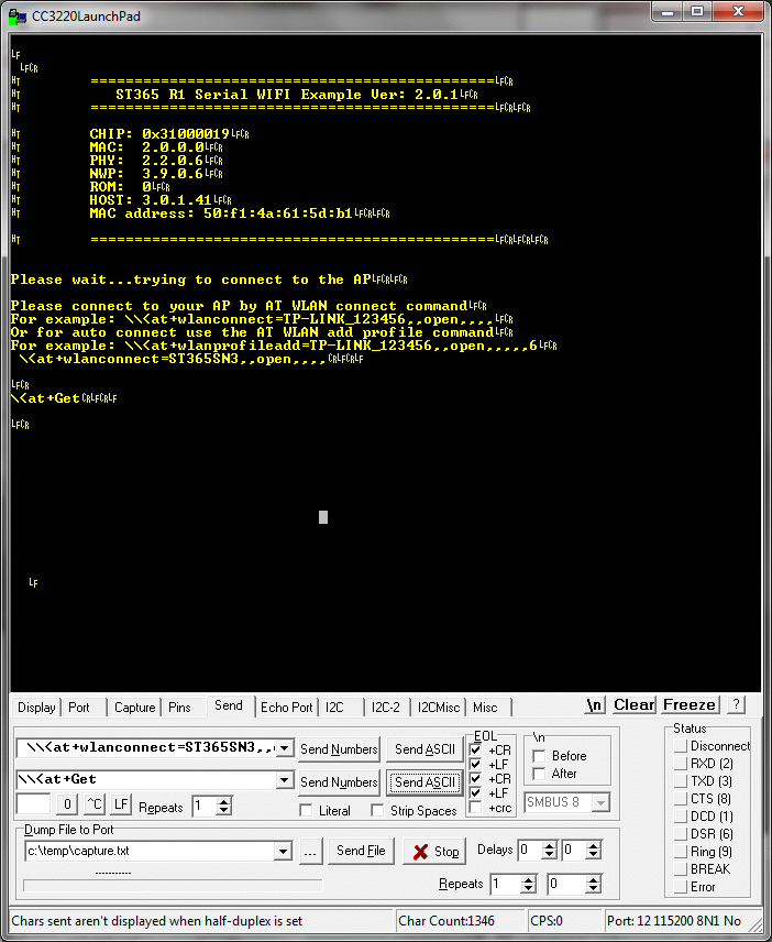 CC3220MODA: Example serial_wifi_CC3220SF_LAUNCHXL_tirtos_ccs, No AT Command Response with ...