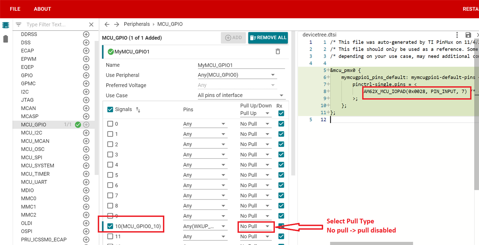 AM625: How to config "Internal pull resistors are turned off" for MCU_GPIO0_10 - Processors ...