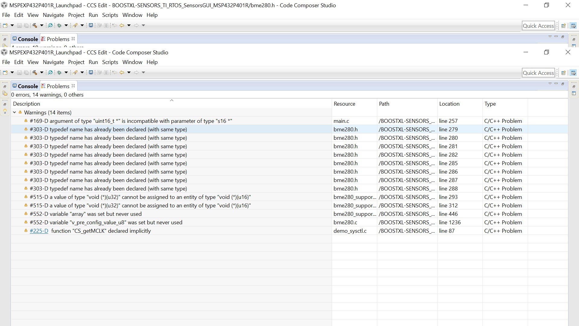 Ccsmsp432p401r Boostxl Sensorssensorguimsp432p401r Example Program Warnings Msp Low Power