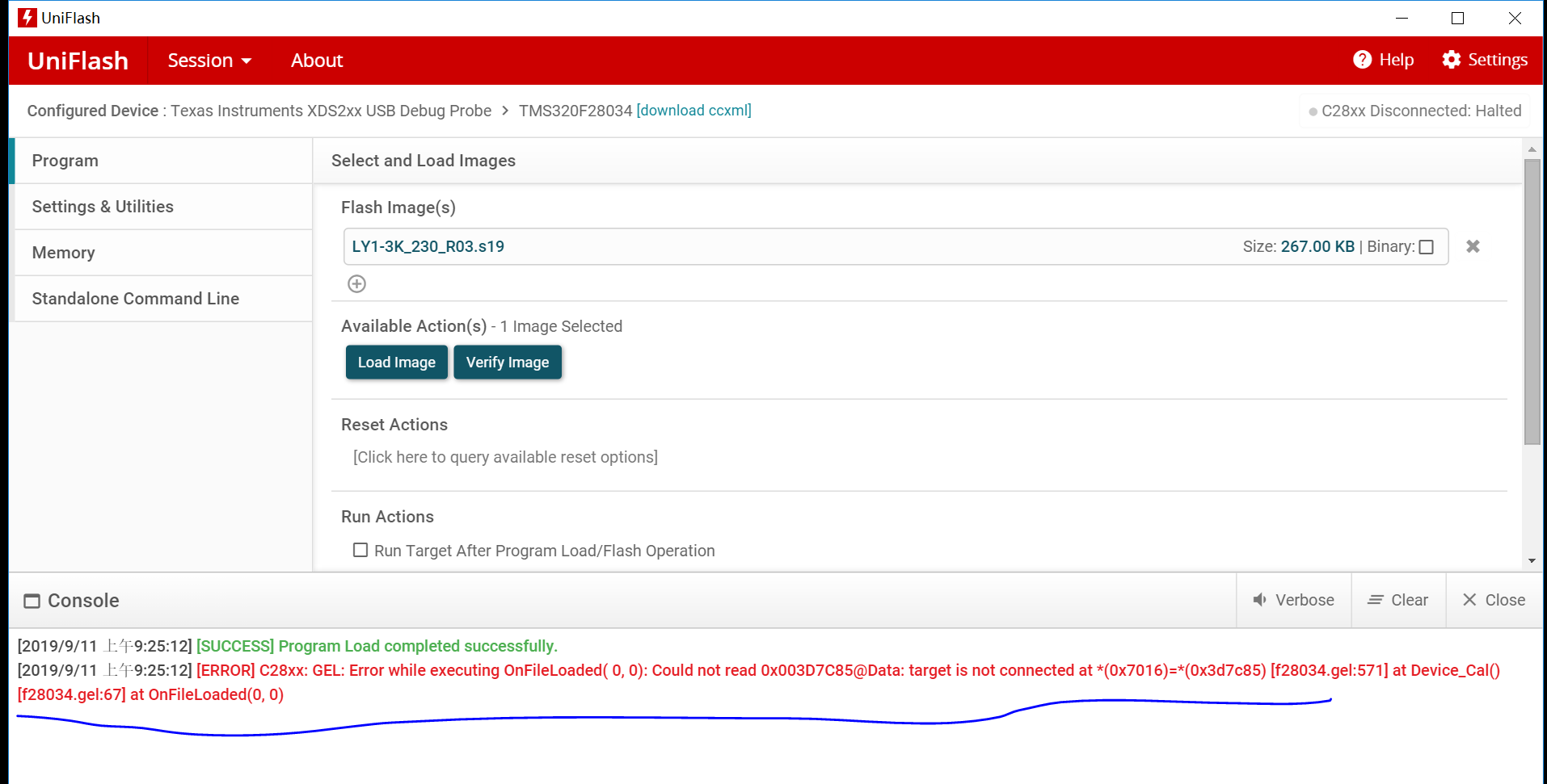 TMS320F28034: Product line programming isssue with XDS200: Error while executing OnFileLoaded ...