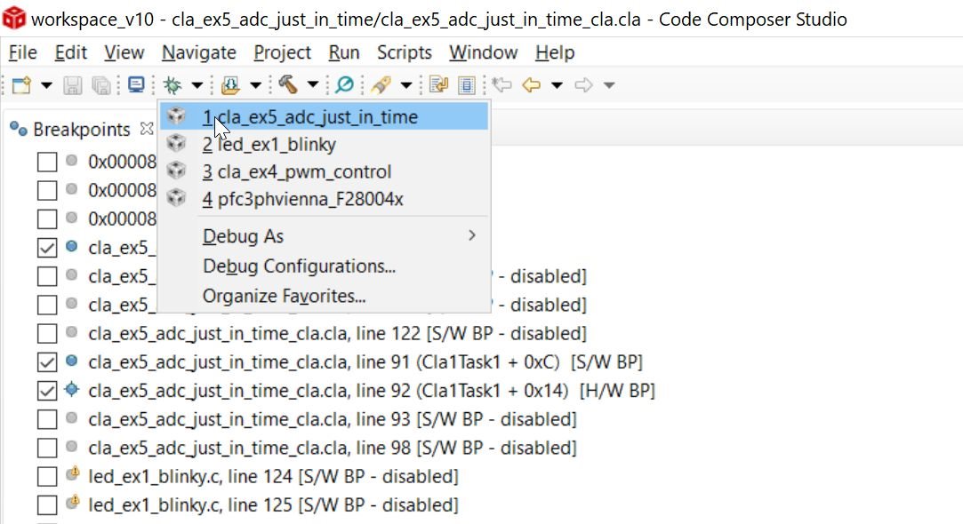 CCS/LAUNCHXL-F280049C: Issue to debug CLA code of cla_ex5_adc_just_in_time example - C2000 ...