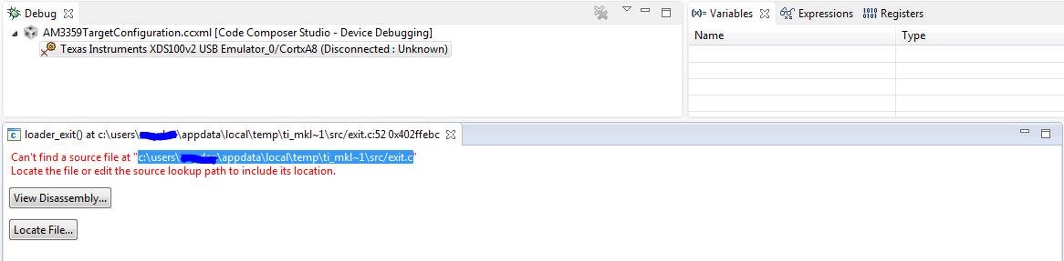 loader_exit() error when launching Target Configuration File - Code Composer Studio forum - Code ...