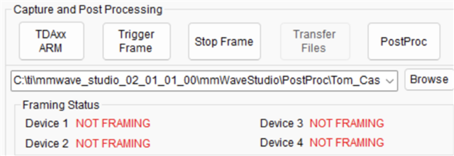 MMWCAS-RF-EVM: TDAxxARM - Frame Periodicity response from Caputre Card timed out!! - Sensors ...
