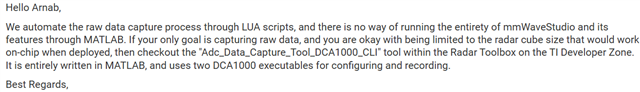 DCA1000EVM: how to use LUA and Adc_Data_Capture_Tool_DCA1000_CLI, how could I design API for ...