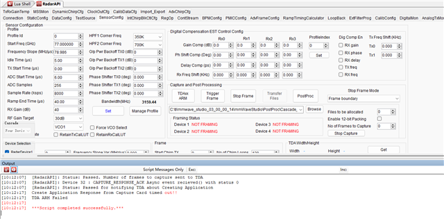 MMWCAS-DSP-EVM: create application response from capture card timed out!! TDA ARM failed error ...