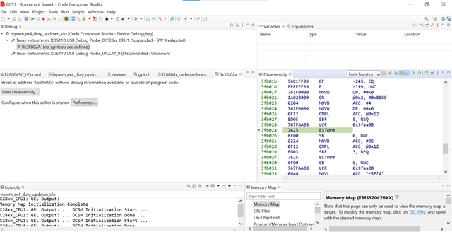 LAUNCHXL-F280049C: Break at address "0x3fb02a" with no debug information available, or outside ...