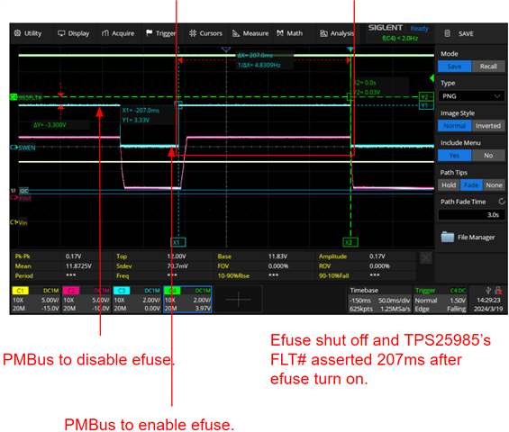 TPS25985: Efuse shut off tSU_TMR after enable efuse using PMBus command - Power management forum ...
