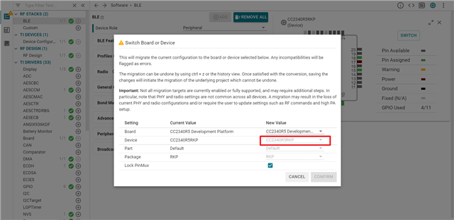 CC2340R5: LP-EM-CC2340R5 examples code changes part number to CC2340R52E0RGER - Bluetooth forum ...