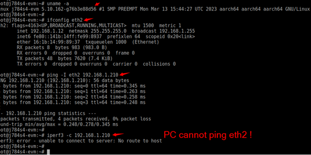 TDA4VH-Q1: TD4VH: Eth2, 3, 4 of J784s4 CPSW9G Native Ethernet mode can only ping from EVM to PC ...