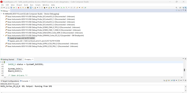 SK-AM62A-LP: Facing issue in "CCS Launch, Load and Run" steps while running "hello world ...
